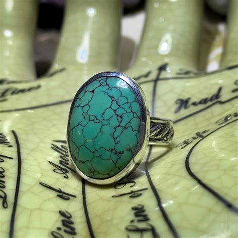 Unisex Oval Turquoise And Sterling Silver Ring With Patterned Etsy