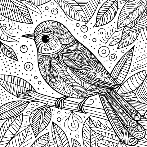 Antistress Coloring Book Line Patterns Bird On A Branch Among The Branches Generative Ai