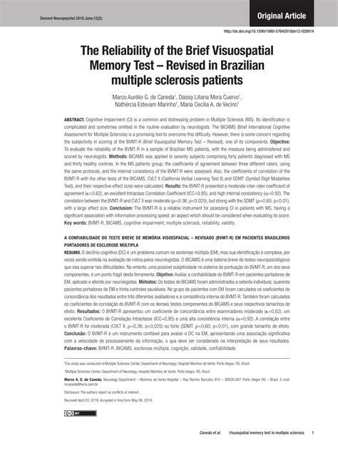Pdf The Reliability Of The Brief Visuospatial Memory Test Revised In Brazilian Multiple