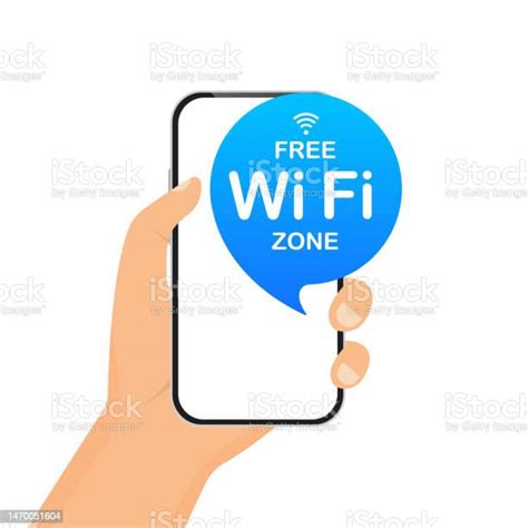 전화를 들고 있습니다 검색 연결 무료 Wifi 영역 파란색 아이콘입니다 Wifi 인터넷 연결 아이콘 기호는 흰색 배경 플랫 스타일에 격리되어 있습니다 무료 와이파이는 여기