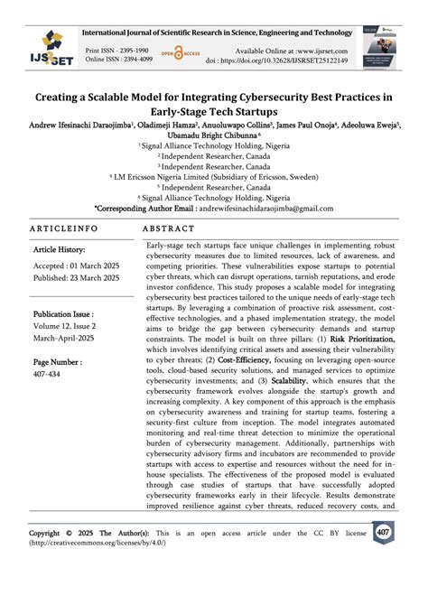 Pdf Creating A Scalable Model For Integrating Cybersecurity Best Practices In Early Stage Tech