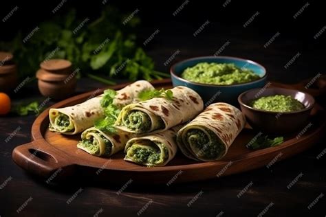 Premium Photo Tasty Indian Chapati Roll With Green Sauce