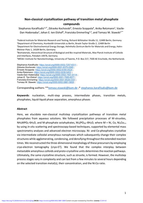Pdf Non Classical Crystallization Pathway Of Transition Metal Phosphate Compounds