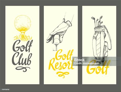 볼 가방 클럽 글로브와 골프 레이아웃 배너입니다 손으로 그린 스포츠 장비의 벡터 집합입니다 흰색 바탕에 스케치 스타일의 그림 디자인에 대 한 서 예 요소를 브러시 골프공에