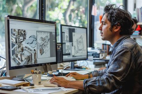 premium photo engineer working on a computer with two displays