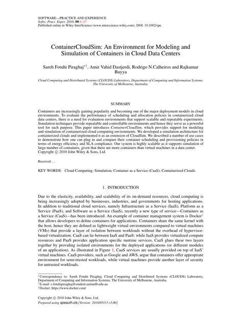 PDF ContainerCloudSim An Environment For Modeling And Simulation Of Containers In Cloud Data