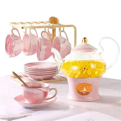 21 Pcs Small Tea Set Of 6 Pink Marble Set Handcraft Golden Trim Porcelain Tea Pot Set For