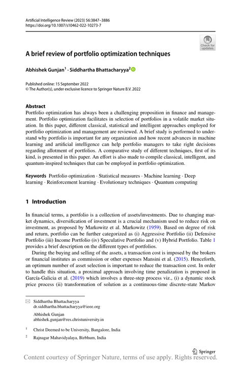 A Brief Review Of Portfolio Optimization Techniques Request PDF