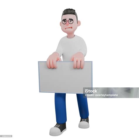 전문 비디오 편집 3d 만화 모델 화이트보드를 두 손으로 들고 불안한 표정으로 걷고 있는 남성 영상 편집자 일러스트레이션 디자인 3차원 형태에 대한 스톡 사진 및 기타