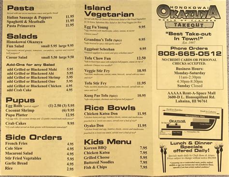 Menu At Honokowai Okazuya And Deli Restaurant Lahaina Lower