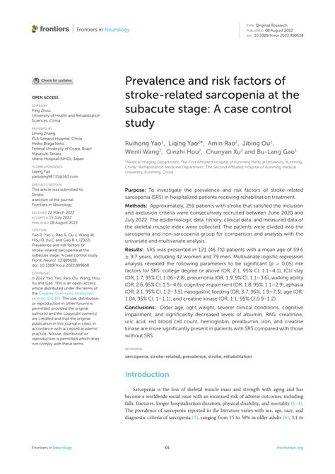 Pdf Prevalence And Risk Factors Of Stroke Related Sarcopenia At The Subacute Stage A Case