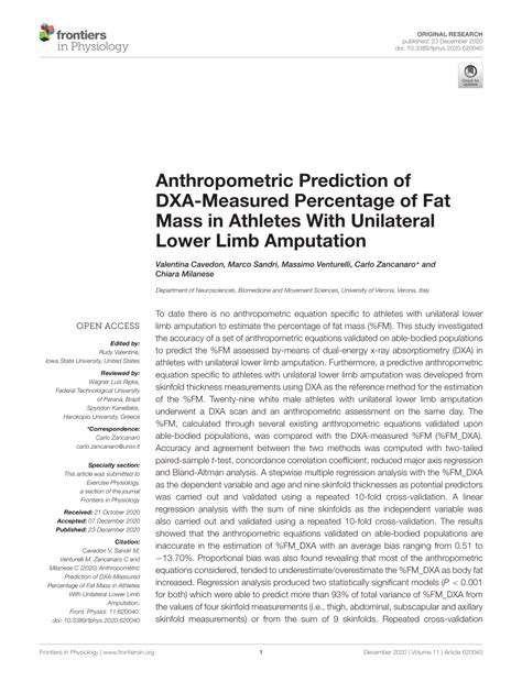 Pdf Anthropometric Prediction Of Dxa Measured Percentage Of Fat Mass In Athletes With