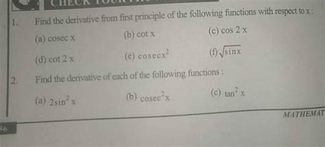 Find The Derivative From First Principle Of The Following Functions With