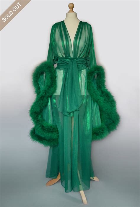 Green Feather Metallic Chiffon Long Boudoir Robe Sexy Lingerie