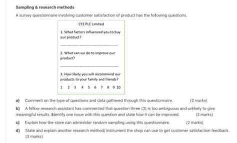 Solved Sampling And Research Methods A Survey Questionnaire
