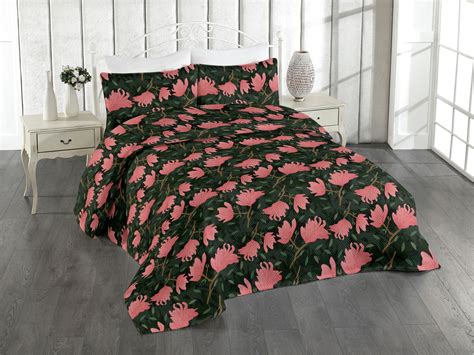 Ambesonne Magnolia Flowers Quilted Bedspread Set 3 Pcs Leaves Romantic Queen Pastel Pink