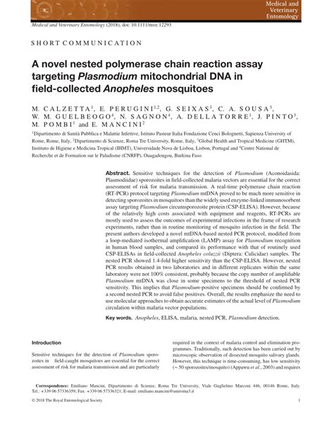Pdf A Novel Nested Polymerase Chain Reaction Assay Targeting Plasmodium Mitochondrial Dna In