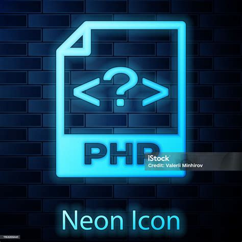 發光的霓虹燈 php 檔文檔圖示下載在磚牆背景上隔離的 php 按鈕圖示php 檔符號向量插圖向量圖形及更多javascript圖片