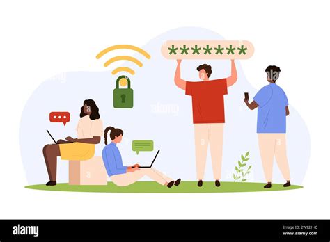 Encryption Of Wifi Access Vector Illustration Cartoon Tiny People Holding Safe Password And Key