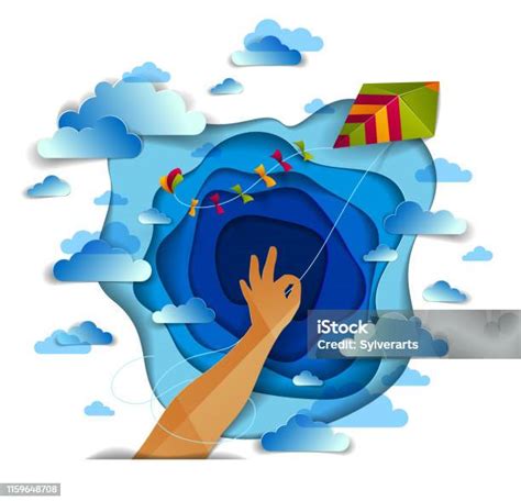 흐린 하늘 자유와 용이성 감정 개념 벡터 현대 스타일의 종이 컷 3d 그림을 통해 연을 들고 손 연에 대한 스톡 벡터 아트 및 기타 이미지 Istock