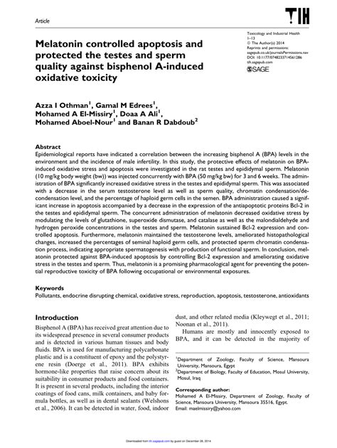Pdf Melatonin Controlled Apoptosis And Protected The Testes And Sperm Quality Against