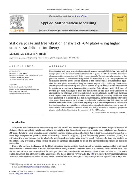 Pdf Static Response And Free Vibration Analysis Of Fgm Plates Using