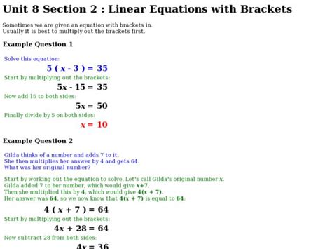 Unit 8 Section 2 Linear Equations With Brackets Worksheet For 6th 9th Grade Lesson Planet