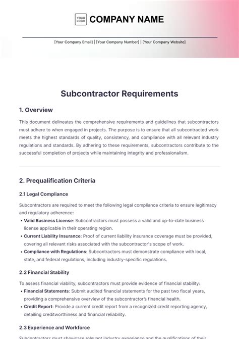 Free Subcontractor Requirements Template To Edit Online