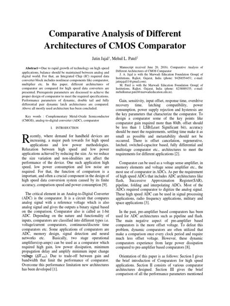 Comparative Analysis Of Different Architectures Of Cmos Comparator