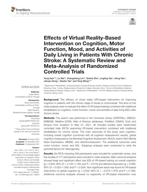 Pdf Effects Of Virtual Reality Based Intervention On Cognition Motor Function Mood And