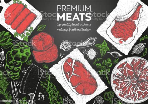 고기와 소시지 상단 보기 프레임 벡터 그림입니다 새겨진 디자인 손으로 그린 그림 육류 제품 디자인 템플릿 소고기에 대한 스톡 벡터 아트 및 기타 이미지 Istock