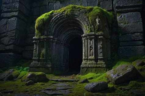 Haunted Crypt Entrance With Ancient Mosscovered Stones Premium Ai