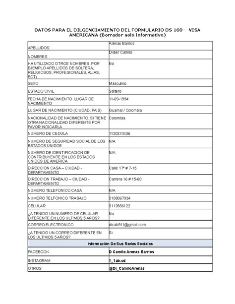 Formulario Visa Americana Didi Datos Para El Dilgenciamiento Del