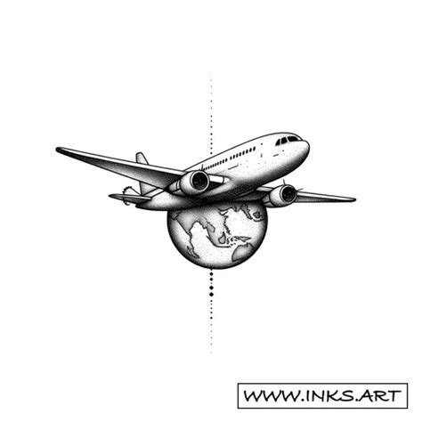 Tattoo Design Airplane Globe Compass Art Style Dotwork