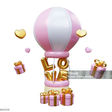 행복한 발렌타인 데이 선물 상자 하트 모양 연애 편지로 날아가는 공기 풍선 생일과 발렌타인 데이 결혼식 서프라이즈 로맨틱 인사말 카드를위한 요소 3d 렌더링 2월에 대한