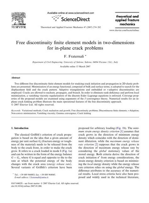 Pdf Free Discontinuity Finite Element Models In Two Dimensions For In Plane Crack Problems