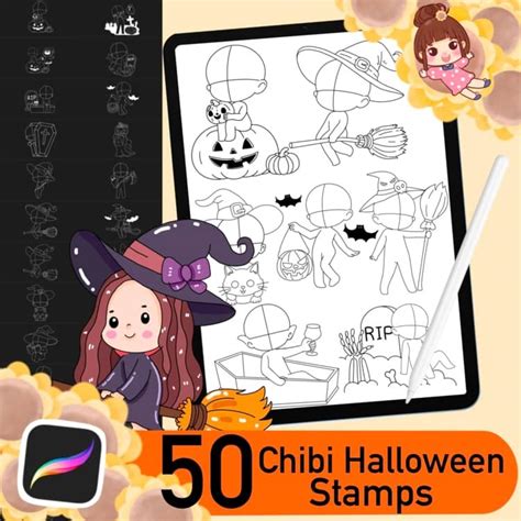 50 Procreate Halloween Stamps Halloween Brushes Procreate Chibi Base