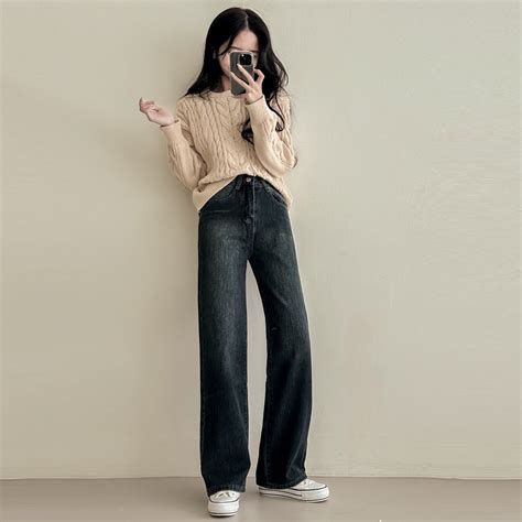 하이웨스트 일자 롱 와이드 데님 청바지 에이블리