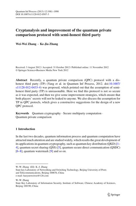 Pdf Cryptanalysis And Improvement Of The Quantum Private Comparison