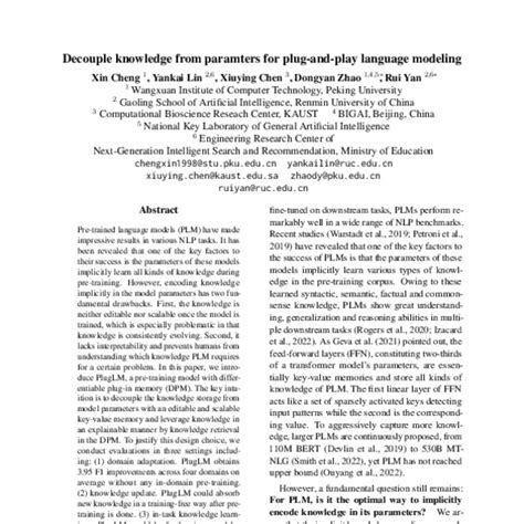 Decouple Knowledge From Paramters For Plug And Play Language Modeling Acl Anthology