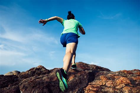 해변에 바위 산 꼭대기에 실행 하는 젊은 피트 니스 여자 트레일 주자 조깅에 대한 스톡 사진 및 기타 이미지 조깅 파란색 하늘 Istock