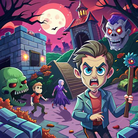 Zombie Halloween Character In Scary Forest Swamp Cartoon Eerie