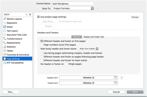 how to remove the header footer on select pages scrivener for macos