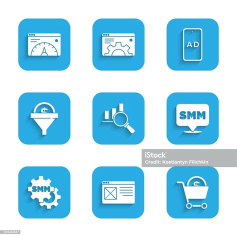 돋보기 및 분석 브라우저 창 장바구니 달러 소셜 미디어 마케팅 리드 관리 광고 및 웹 사이트 통계 아이콘을 설정합니다 벡터 개념에 대한 스톡 벡터 아트 및 기타 이미지