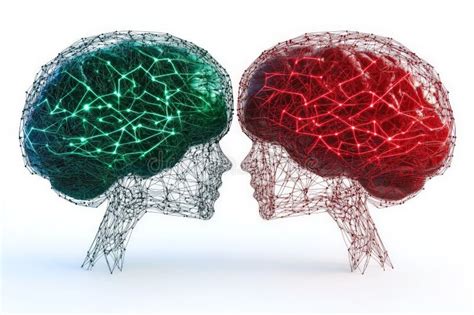 Digital Representation Of Red Green Human Brains Connected Through Intricate Networks