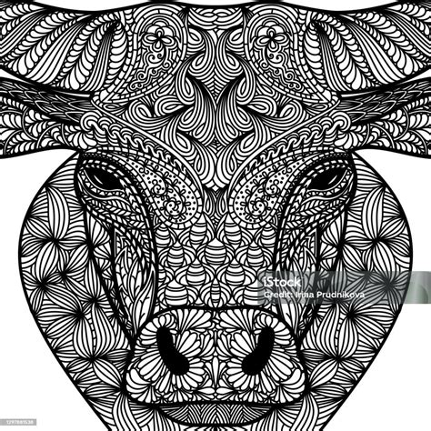 소의 패턴 얼굴 2021의 상징 화려한 황소 중국 새해 기호 문신 디자인 색칠 페이지입니다 티셔츠 가방 엽서 포스터 등의 디자인에 사용할 수 있습니다 쇠고기 축우에 대한