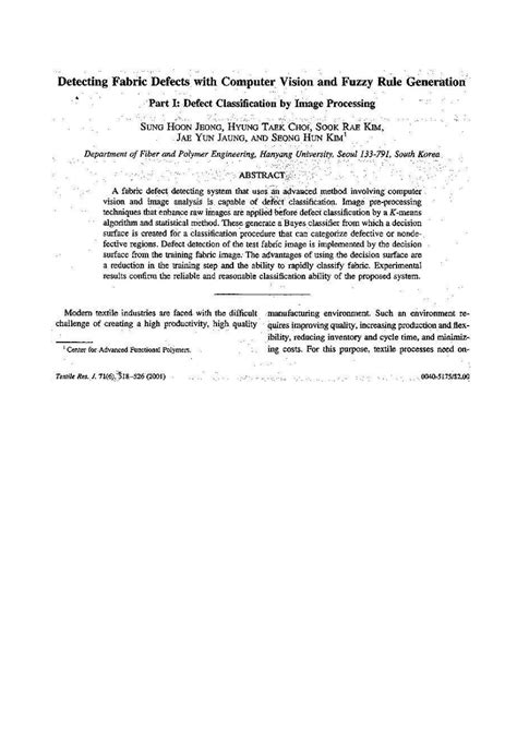 Pdf Detecting Fabric Defects With Computer Vision And Fuzzy Rule Generation Part I Defect