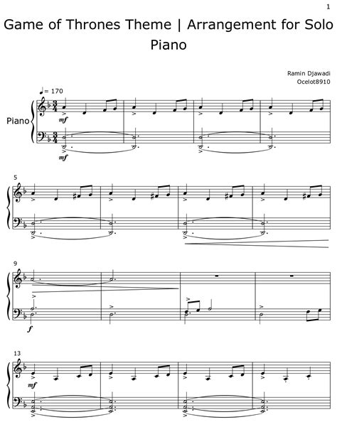 Piano Sheet Music For Game Of Thrones Theme At Ralph Livingston Blog