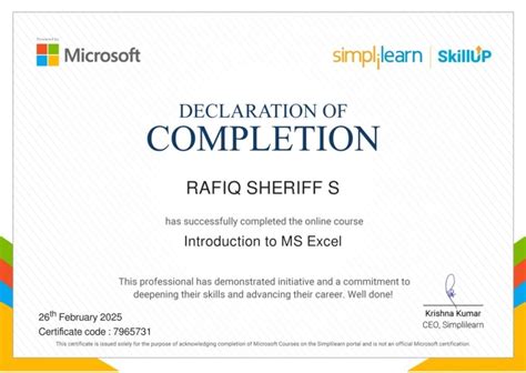 Excelcertified Microsoft Dataanalyst Simplilearn Skillup Rafiq Sheriff