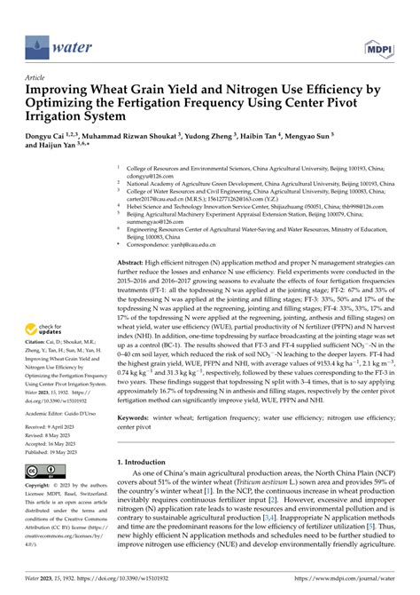 Pdf Improving Wheat Grain Yield And Nitrogen Use Efficiency By Optimizing The Fertigation
